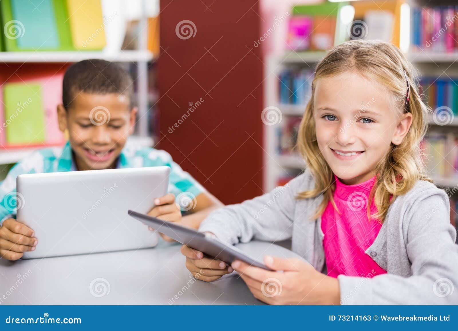 Kids Using Digital Tablet in Library Stock Image - Image of indoors ...