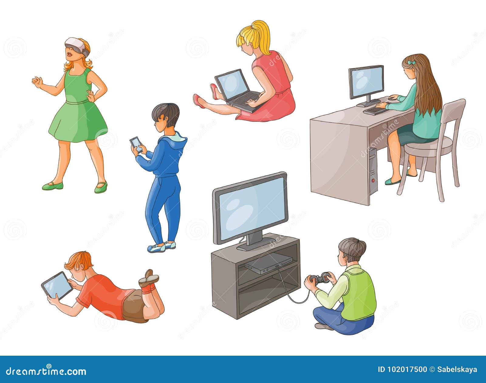 Kids Using Gadgets, Technologies, Back View Stock Vector - Illustration ...