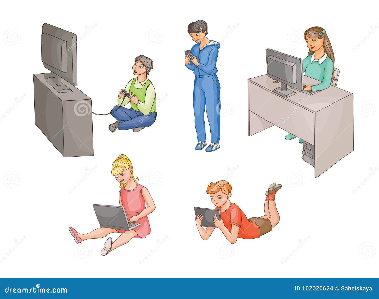 Kids Using Gadgets, Technologies, Front View Stock Vector ...