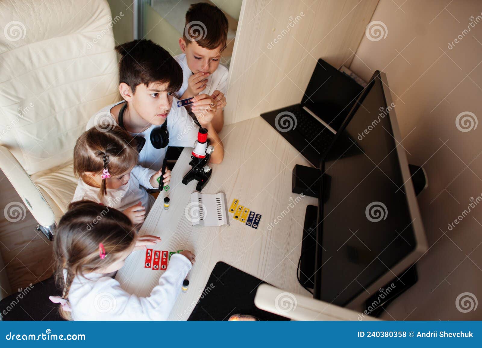 Kids Using Microscope Learning Science Class at Home Stock Photo ...