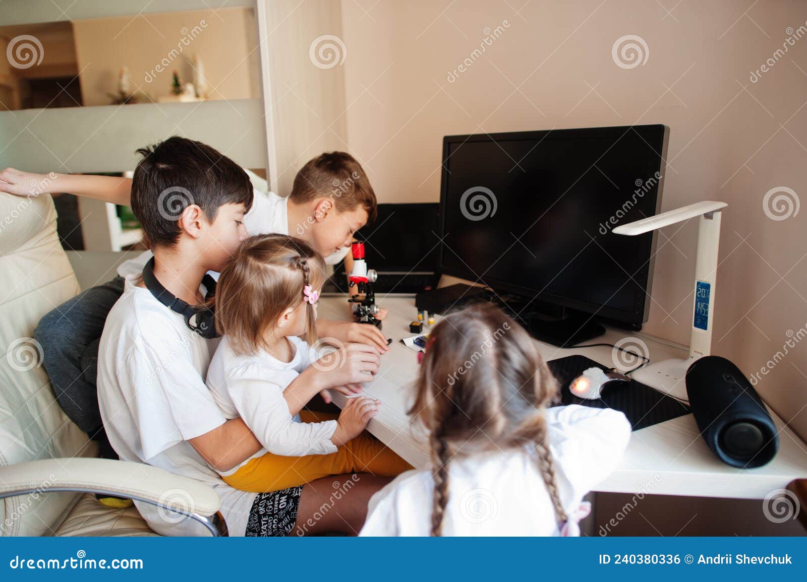 Kids Using Microscope Learning Science Class at Home Stock Photo ...