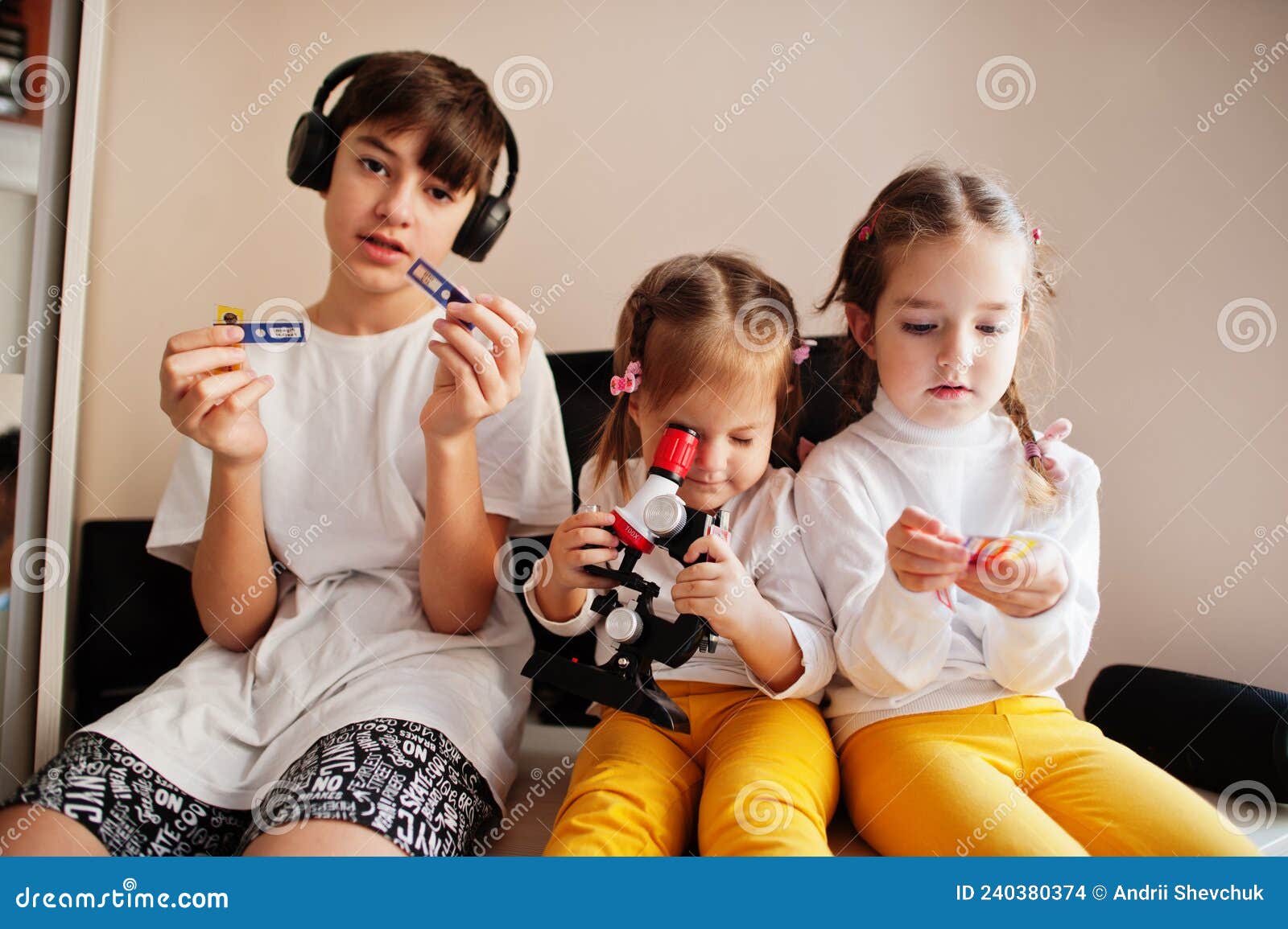 Kids Using Microscope Learning Science Class at Home Stock Photo ...