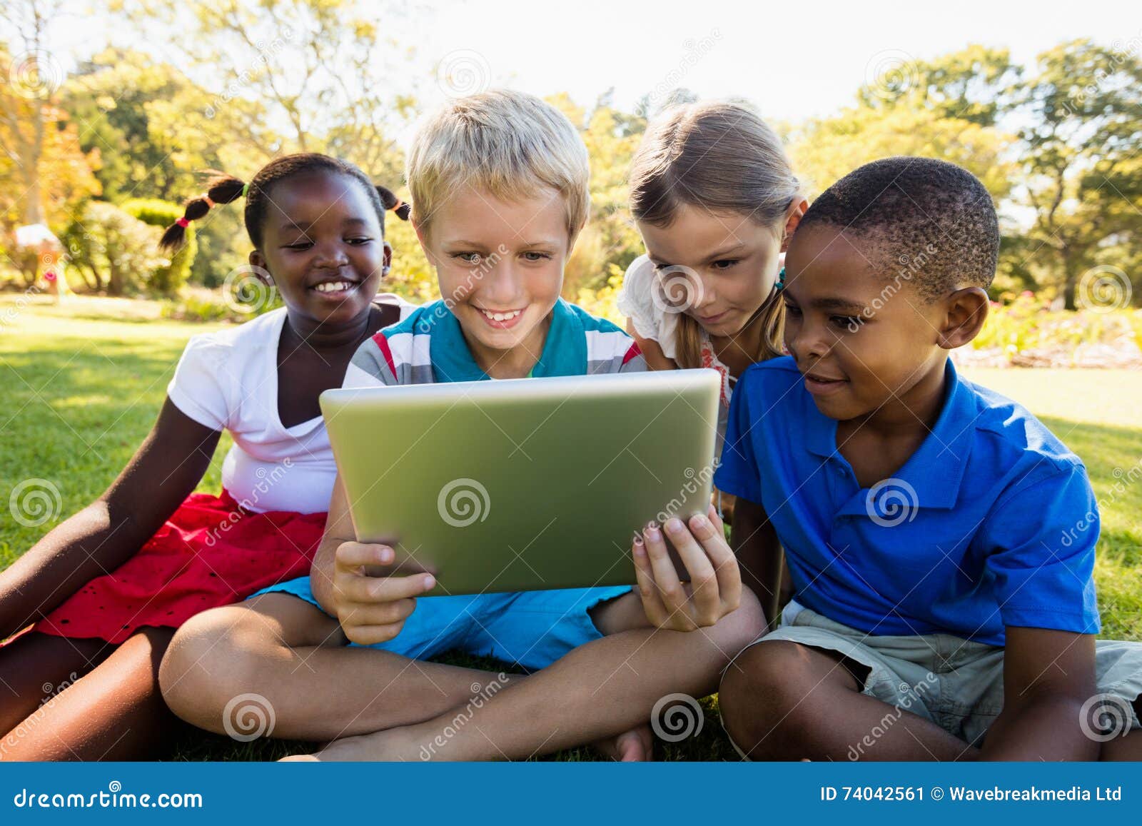 Kids Using Technology during a Sunny Day Stock Image - Image of park ...