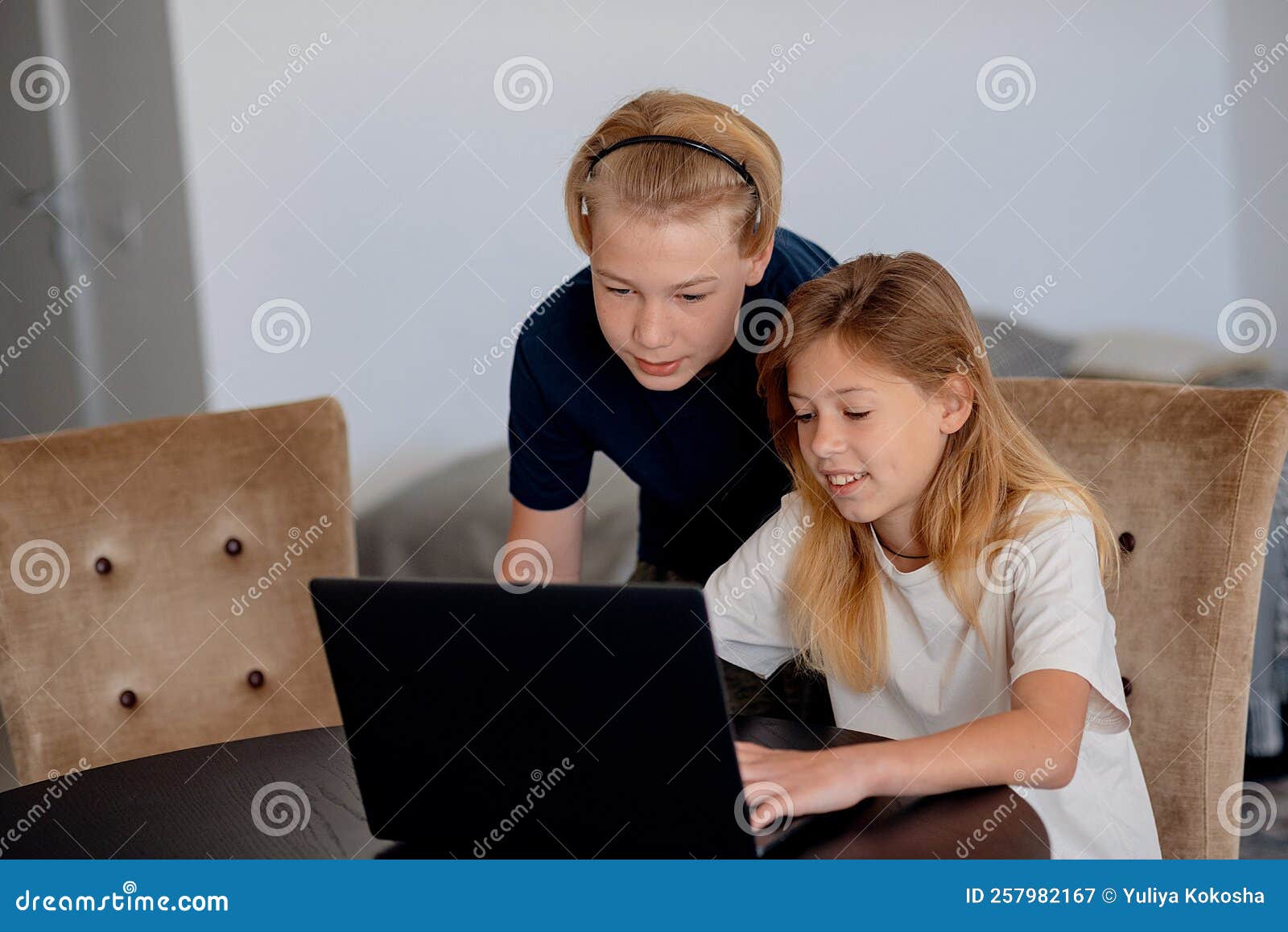 Kids Using Technology. Teens Video Calling on Pc Laptop. Happy Students ...