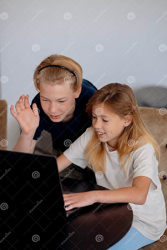Kids Using Technology. Teens Video Calling on Pc Laptop. Happy Students ...