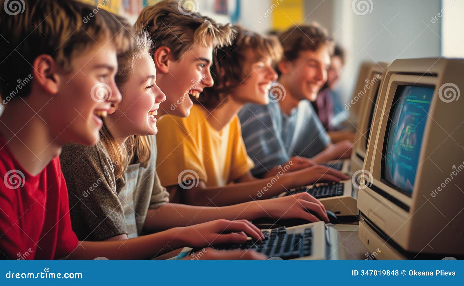 Kids Using Vintage Computers in a Classroom Stock Photo - Image of ...