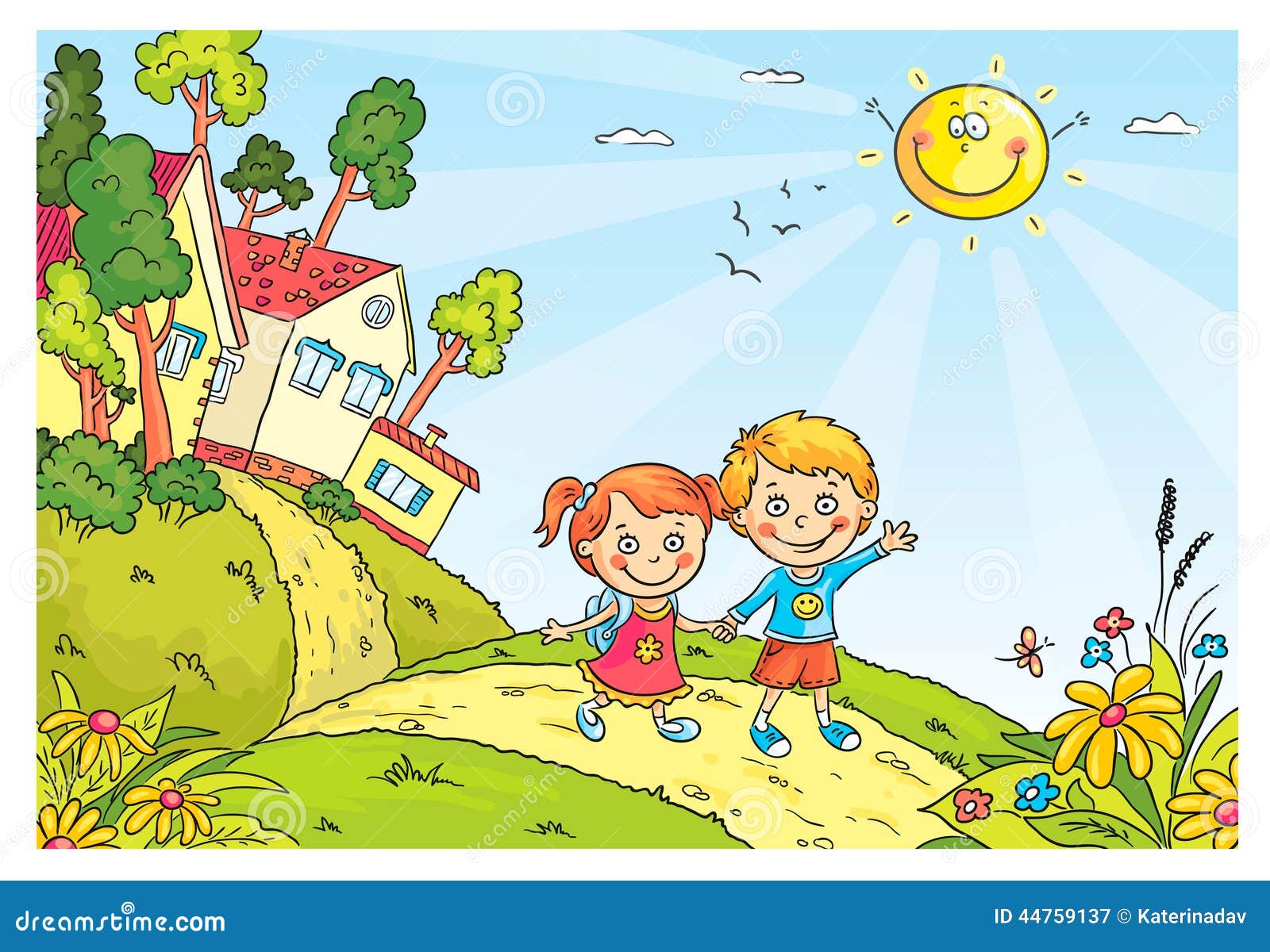 Kids In A Countryside Scene With Green Hills And Trees Royalty-Free ...