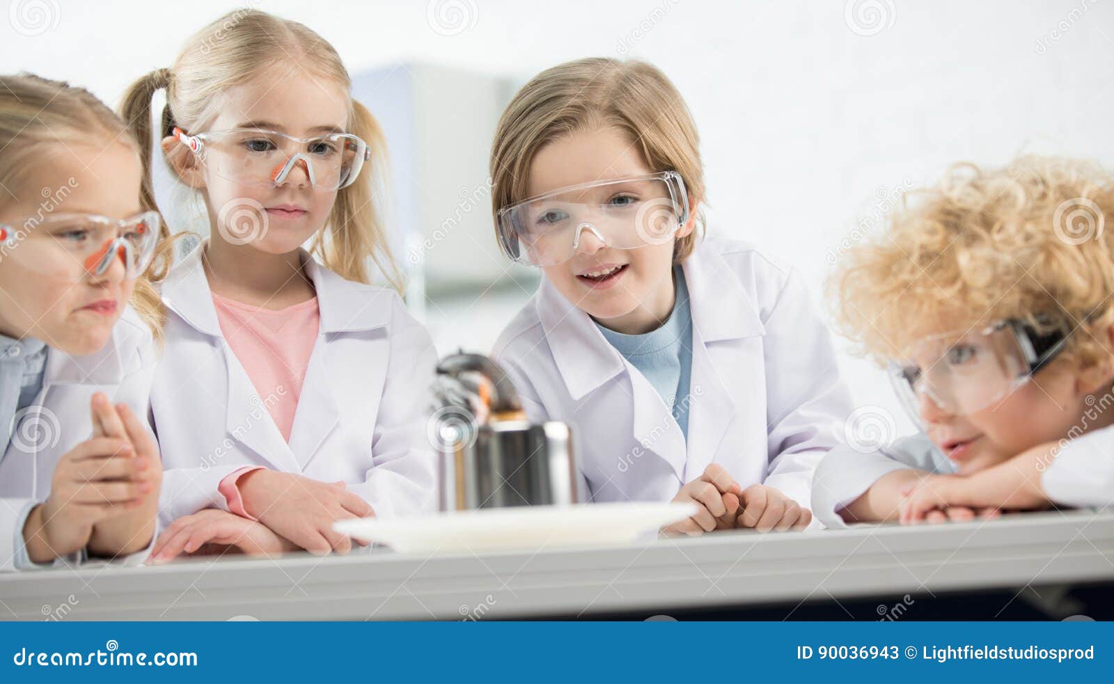 Kids Wearing Protective Glasses in Science Laboratory Stock Image ...