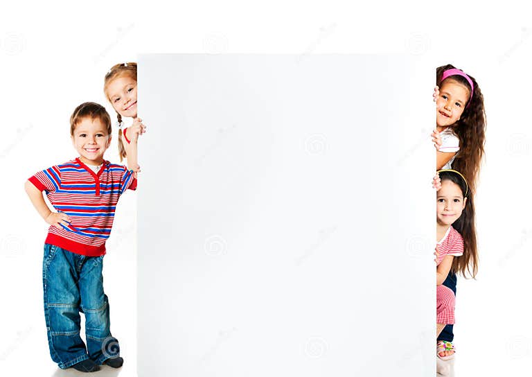 Kids beside a white blank stock photo. Image of hand - 21462370
