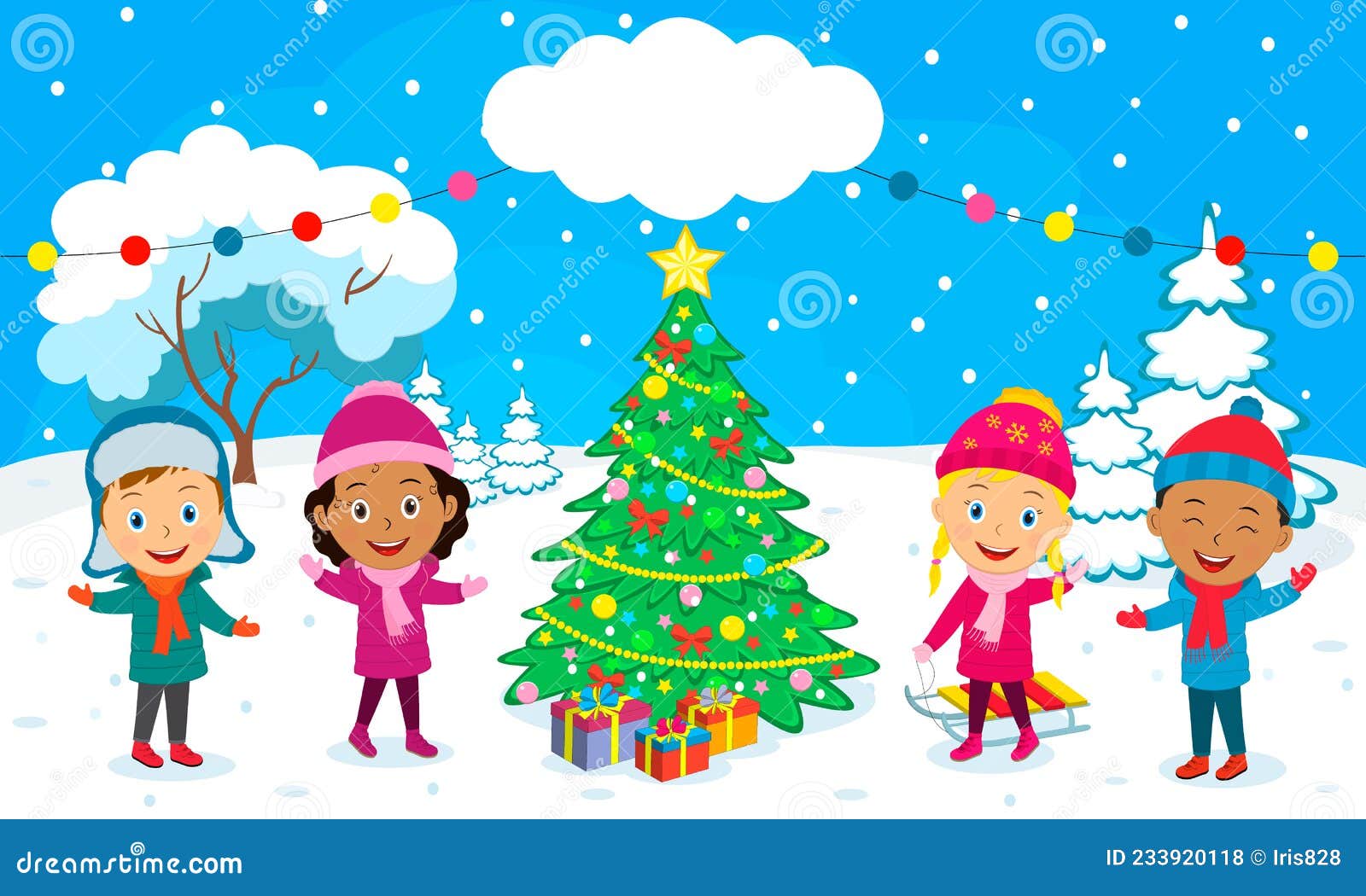 Kids in Winter and Christmas Tree Stock Vector - Illustration of enjoy ...