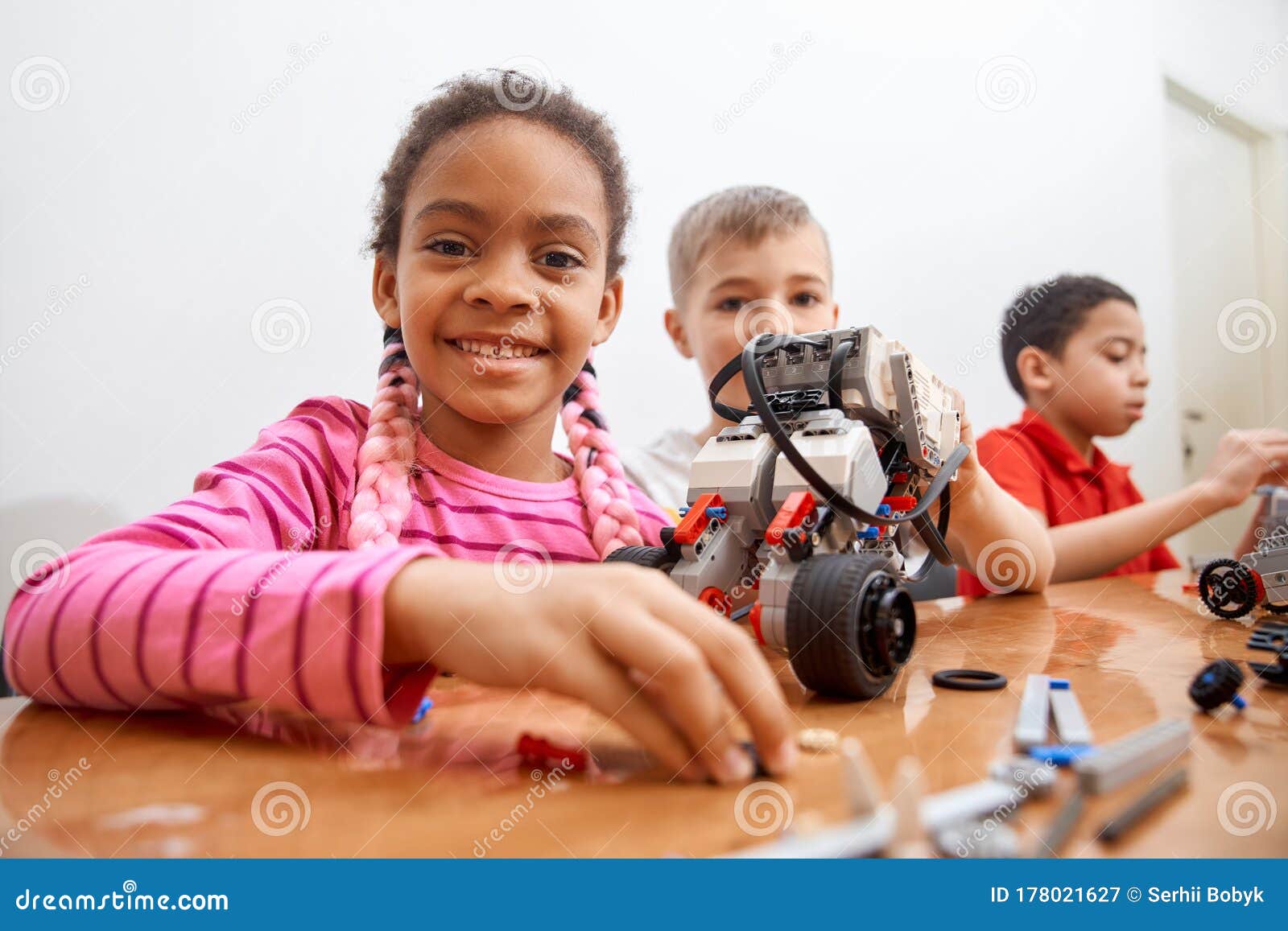 Kids Working on Project Using Building Kit. Stock Image - Image of ...