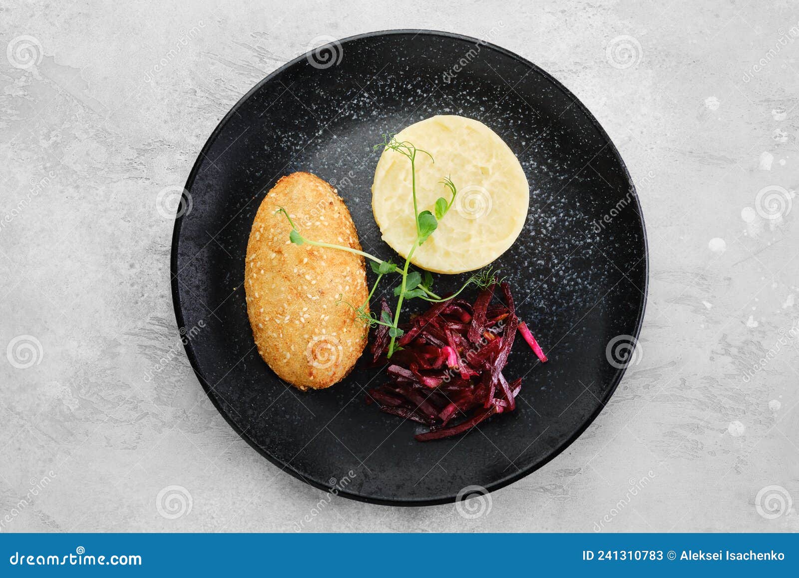 Kiev Citlet with Mashed Potato and Pickled Beetroot, Top View Stock ...