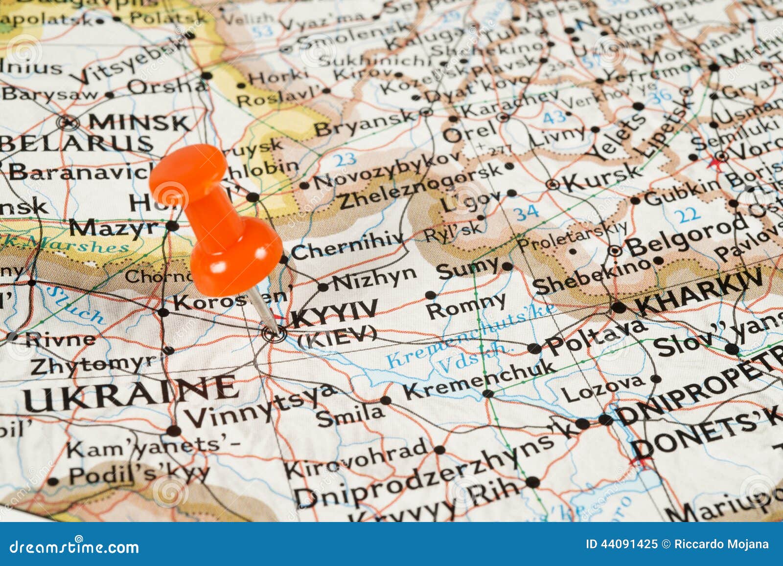 Kiev on map stock image. Image of magnification, destinations - 44091425