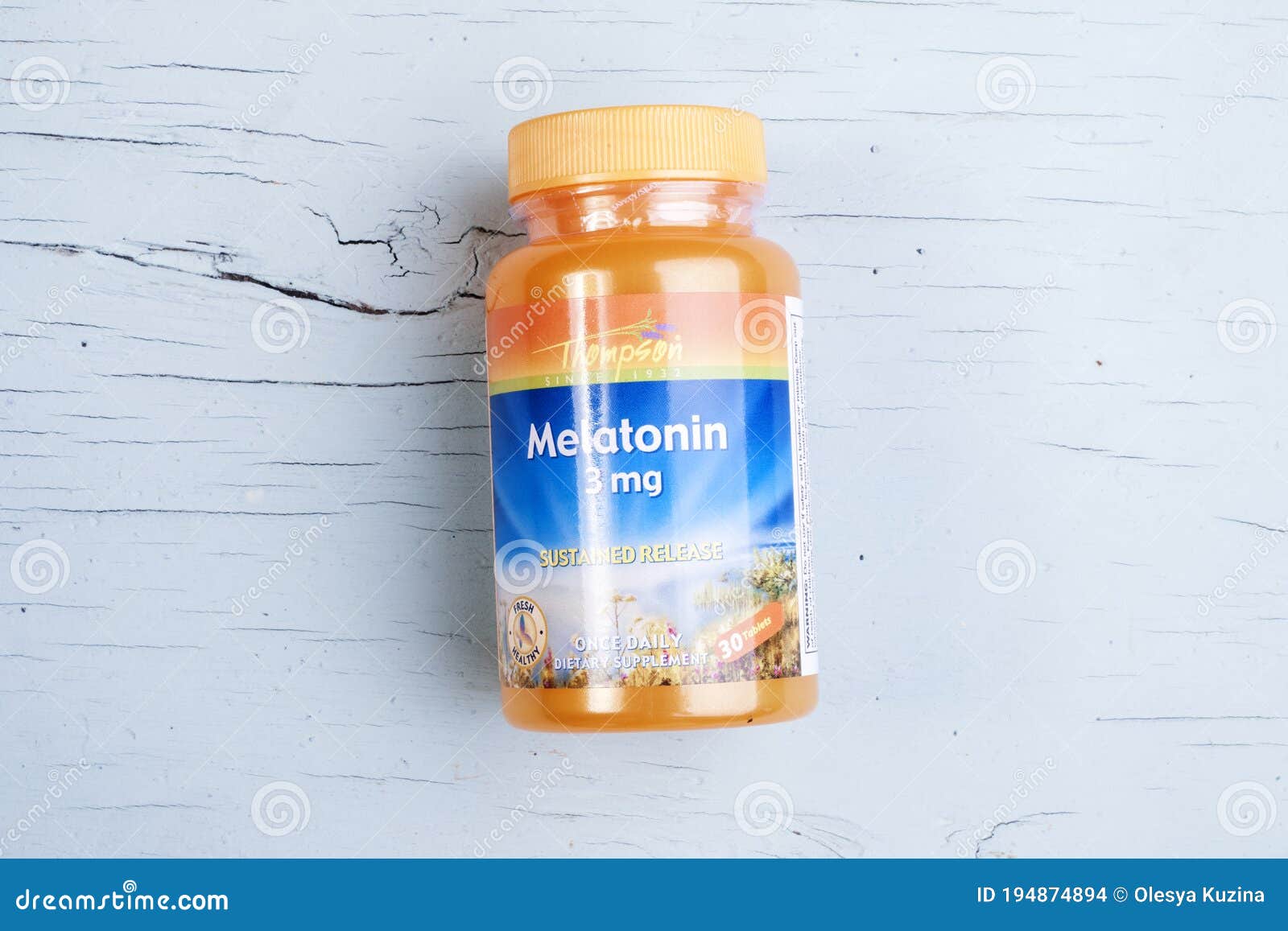 Kiev, Ukraine - August 30, 2020: Melatonin 3 Mg Tablets on a Blue ...