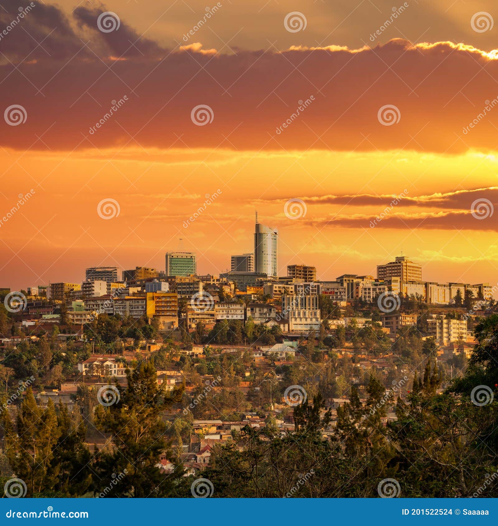 Kigali Downtown Skyscraper on Top of the Hill at Dusk Stock Photo ...