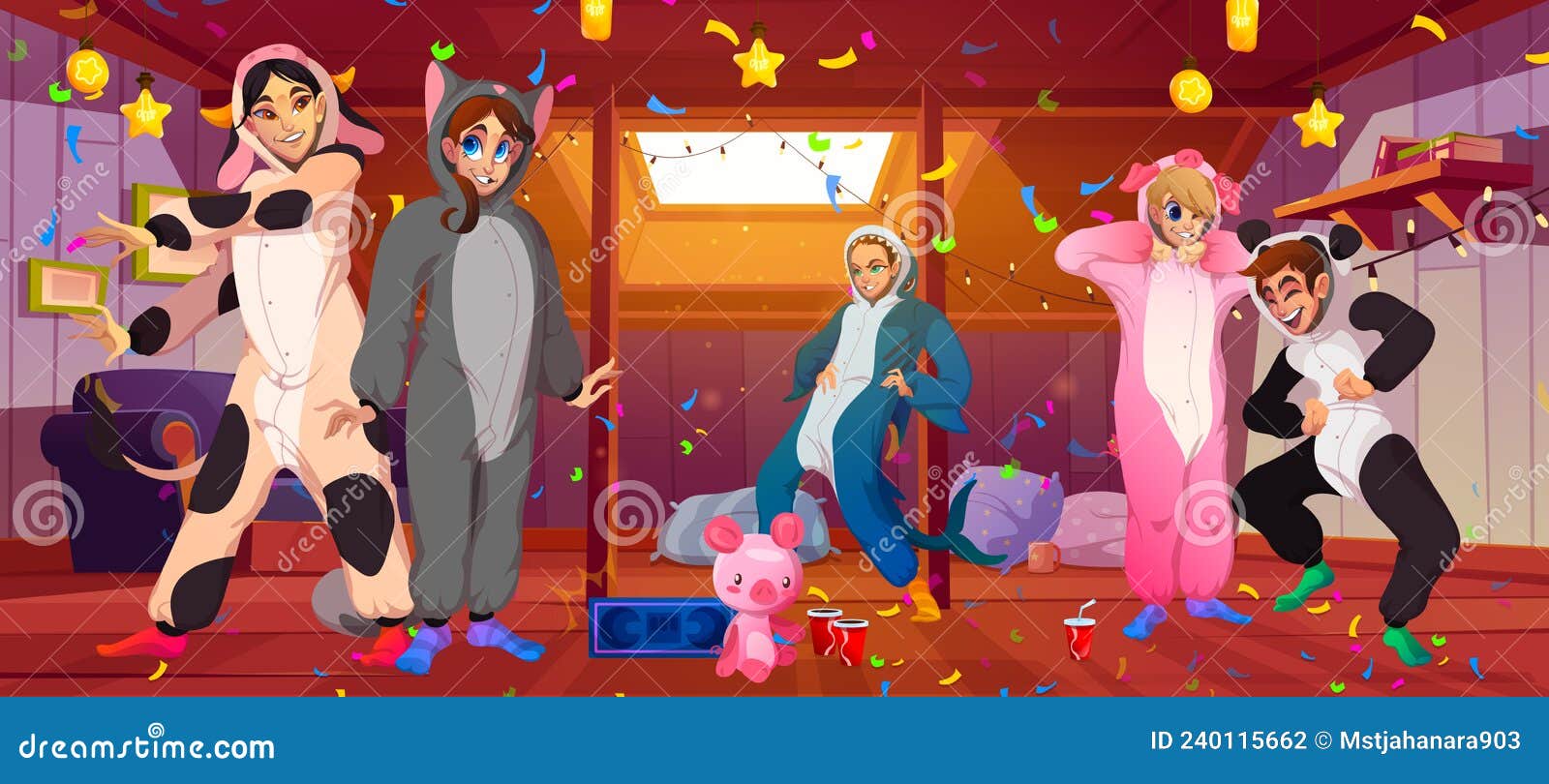 Kigurumi Pajama Party On House Attic Friends Rush Stock Vector