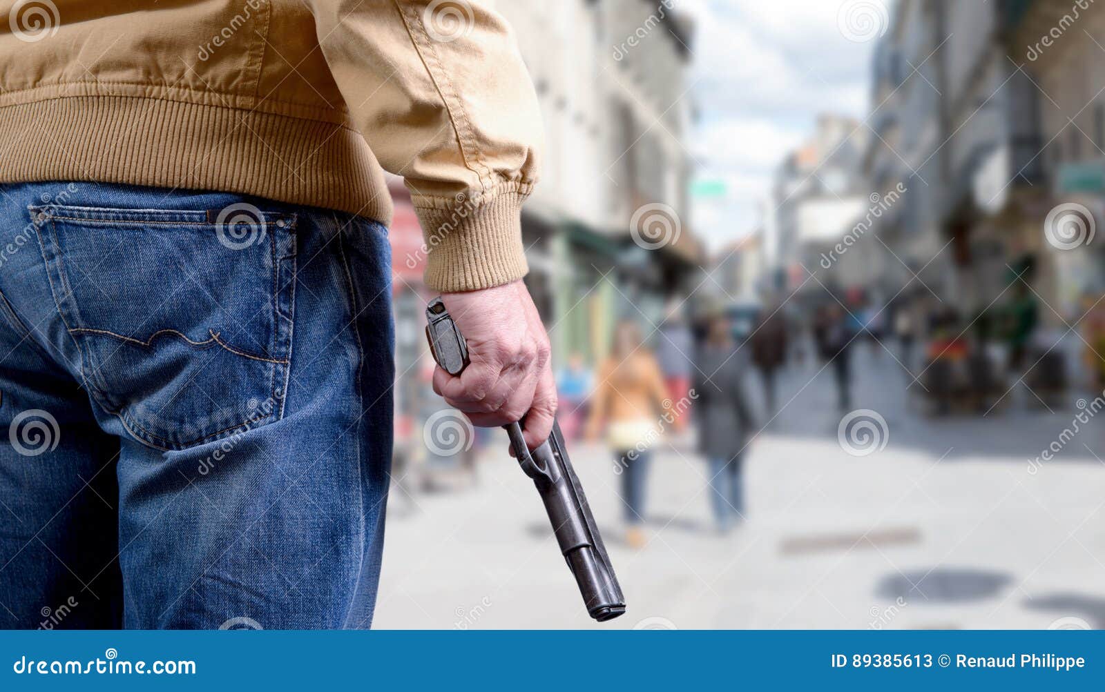 Killer Man is Attacking with Gun on Public Place Stock Image - Image of ...