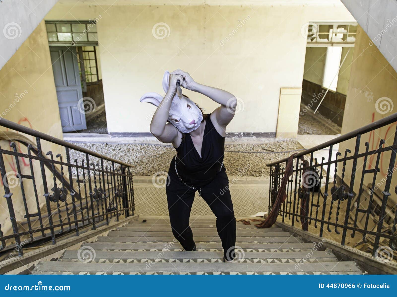 Killer rabbit stairs stock photo. Image of crime, costume - 44870966