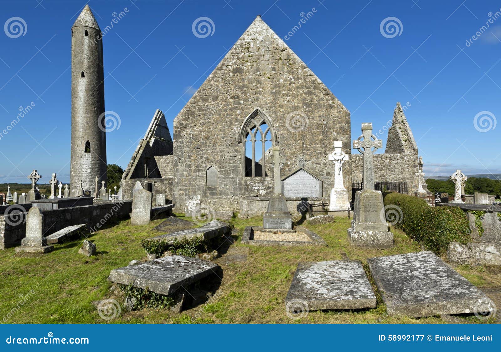 Kilmacduagh Monastery with Stone Tower in Ireland. Stock Image - Image ...
