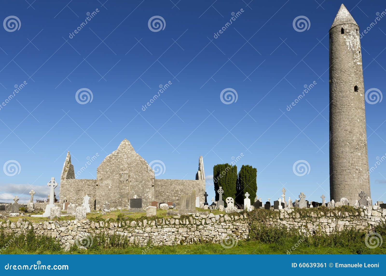 Kilmacduagh Monastery with Stone Tower in Ireland. Stock Image - Image ...