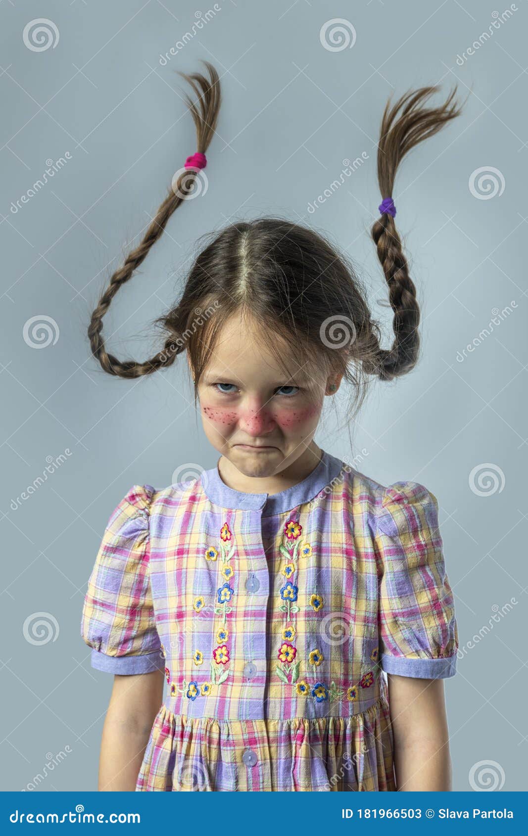 Kind of Angry and Funny Girl with Pigtails Stock Image - Image of ...