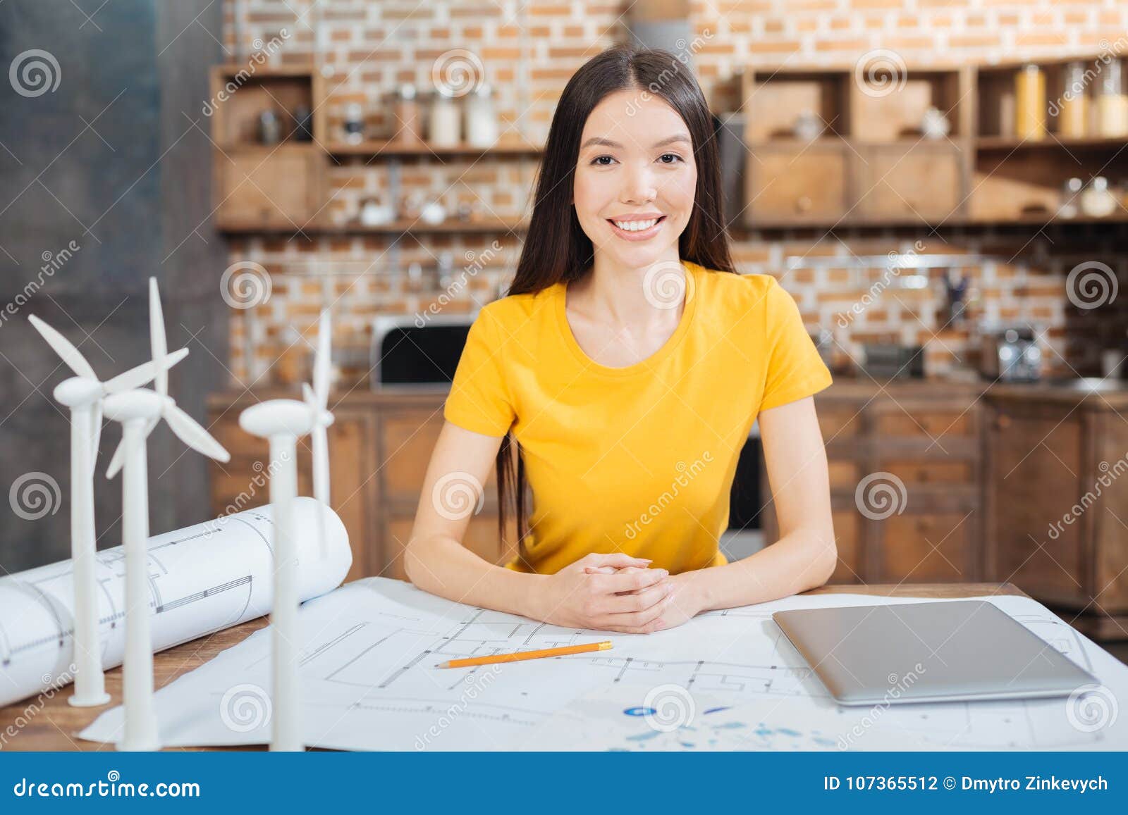 Kind Calm Engineer Smiling while Sitting in Front of Her Important ...