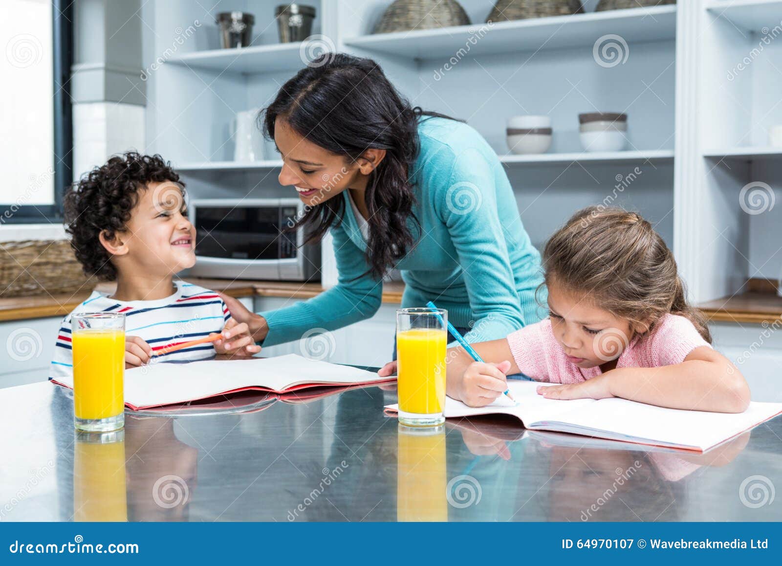Kind Mother Helping Her Children Doing Homework Stock Image - Image of ...