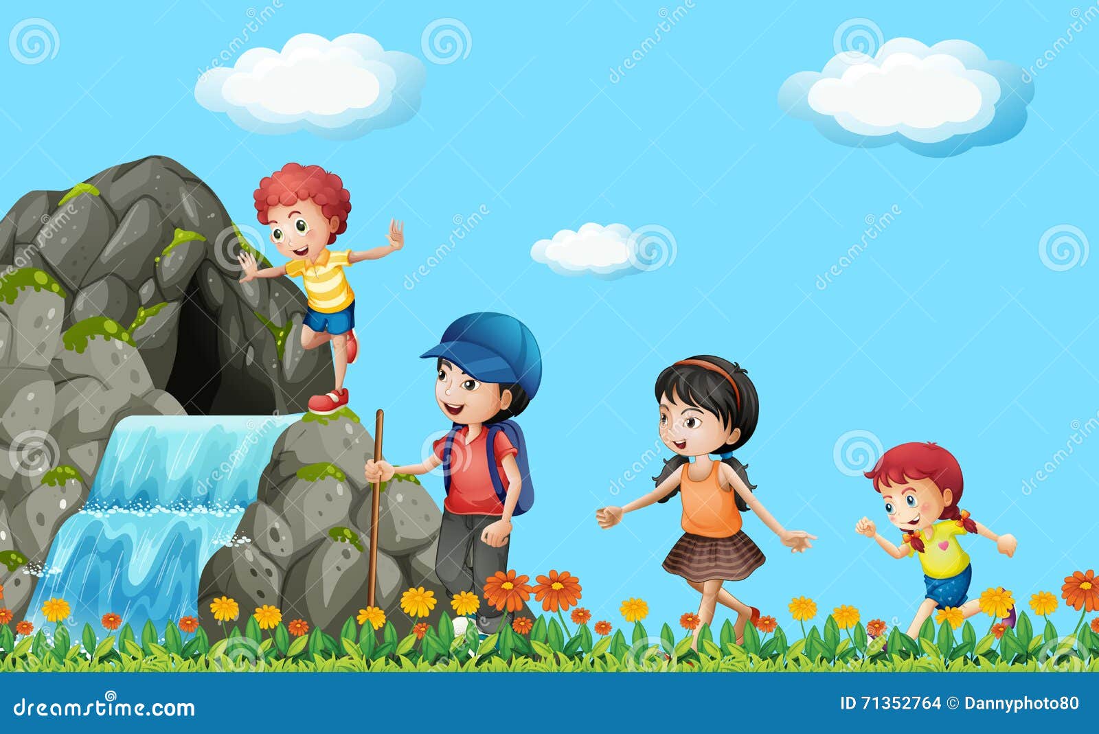Kinder, Die Auf Dem Wasserfall Wandern Vektor Abbildung - Illustration ...