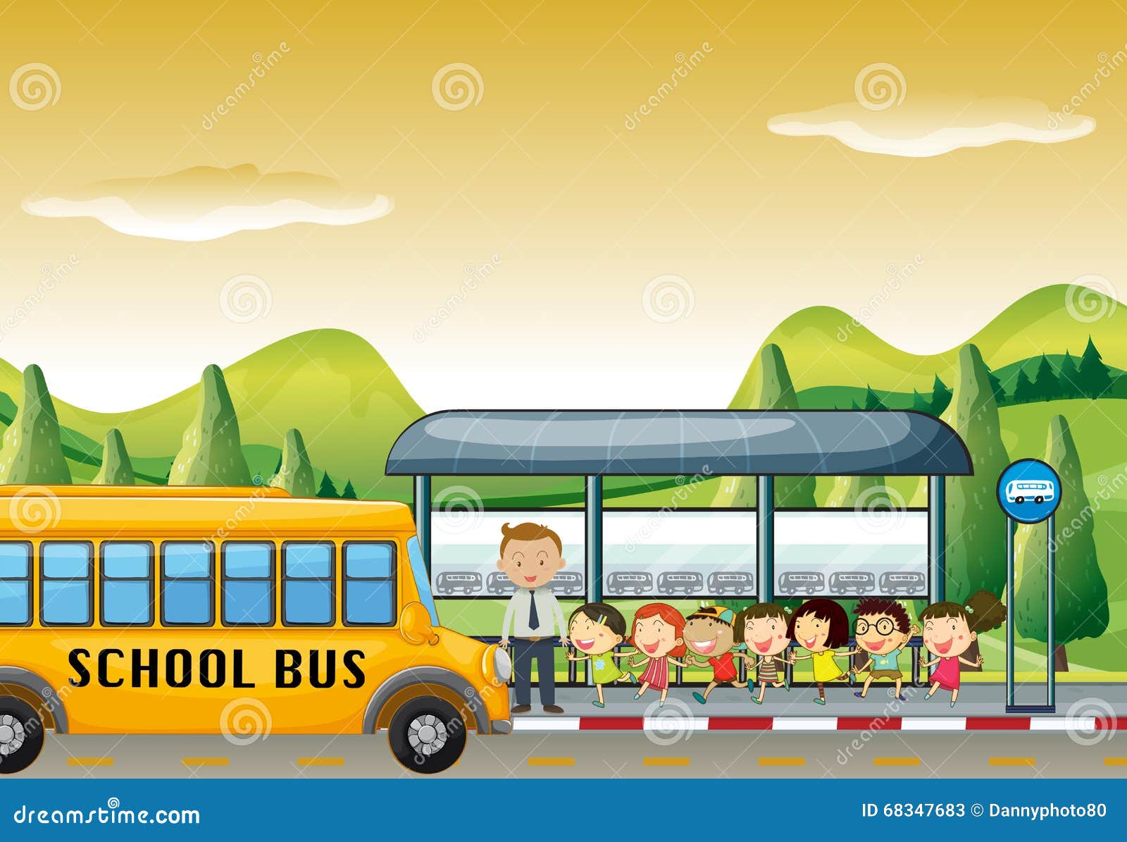 Kinder, Die in Schulbus an Der Bushaltestelle Einsteigen Vektor ...