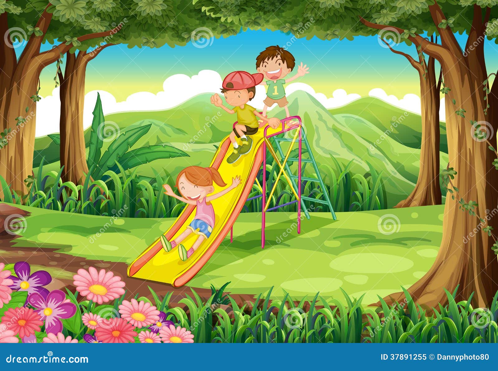 Kinder, Die am Wald Schieben Vektor Abbildung - Illustration von braun ...