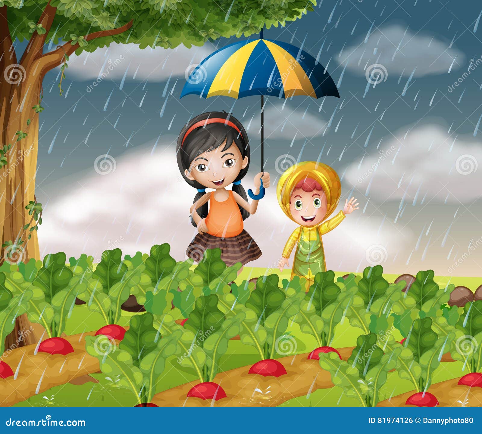 Kinder Im Garten, Wenn Es Regnet Vektor Abbildung - Illustration von ...