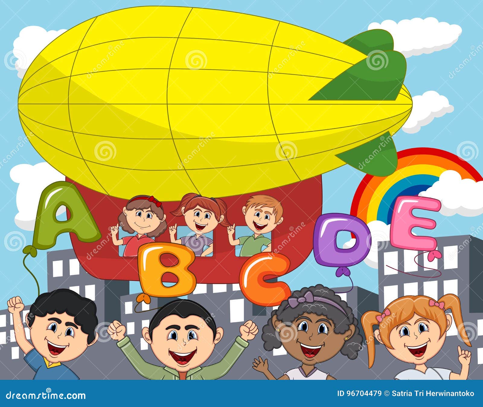 Kinder Reiten Eine Zeppelin- Und Buchstabeballonkarikatur Vektor ...