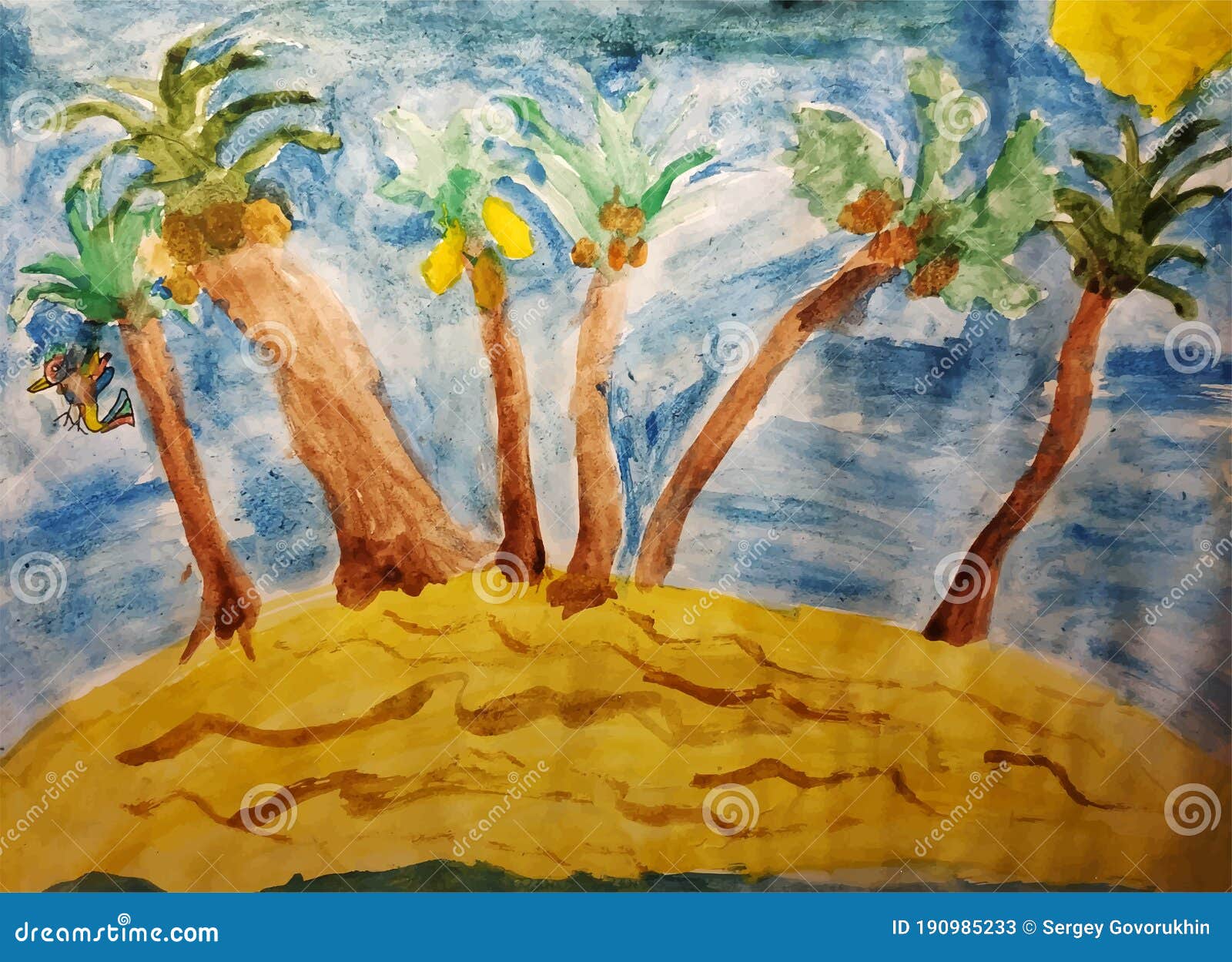 Kinderen Tekenen Met Waterverfpalmen Op Het Eiland. Stock Afbeelding ...