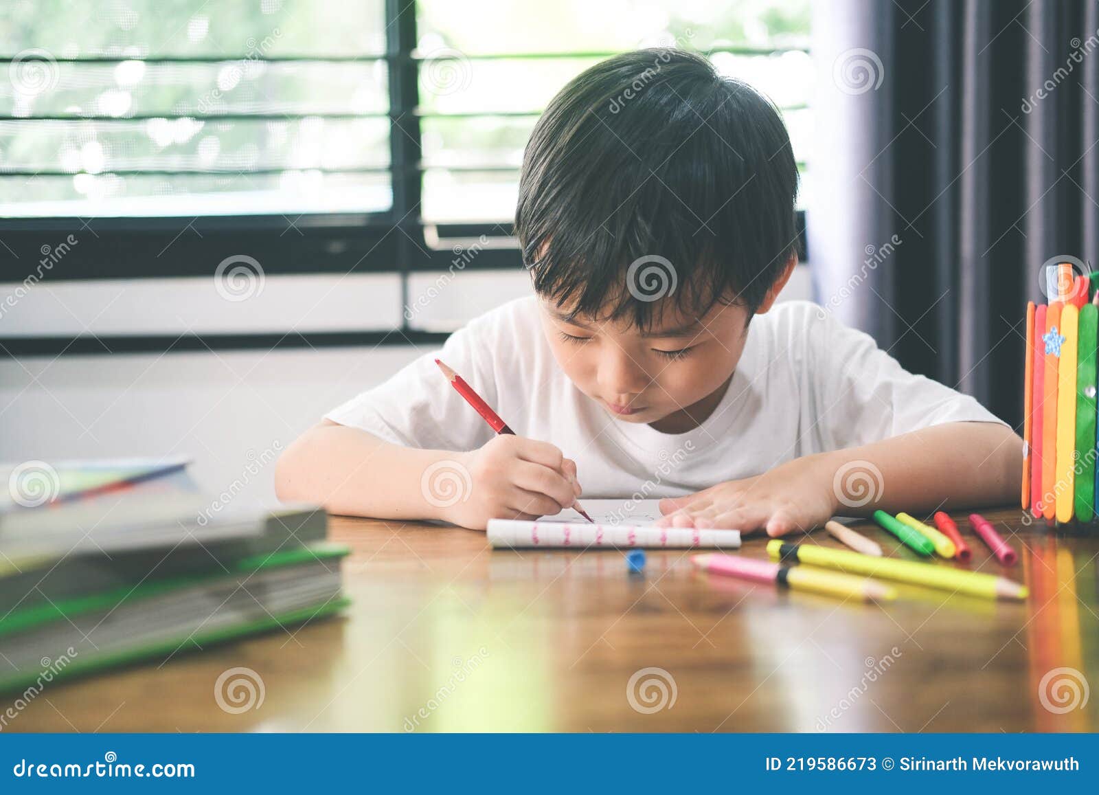 Kindergarten Boy Drawing and Learning at Home Stock Image - Image of ...
