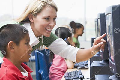 Kindergarten Children Learn To Use Computer Stock Image - Image of ...