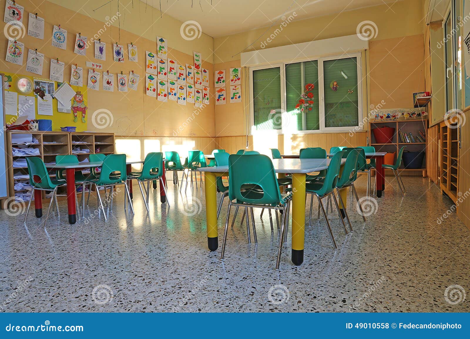 Kindergarten Class with the Green Small Chairs and Small Tables Stock ...
