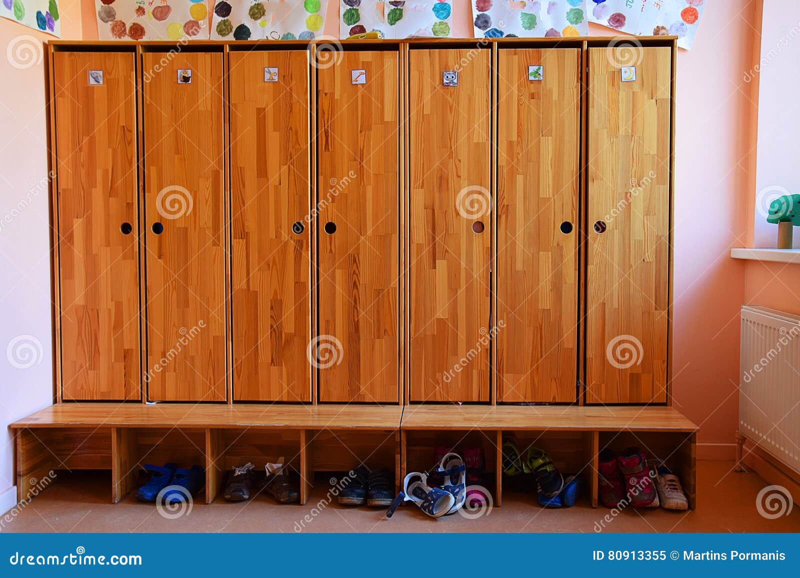 Kindergarten dressing room stock image. Image of clothing - 80913355