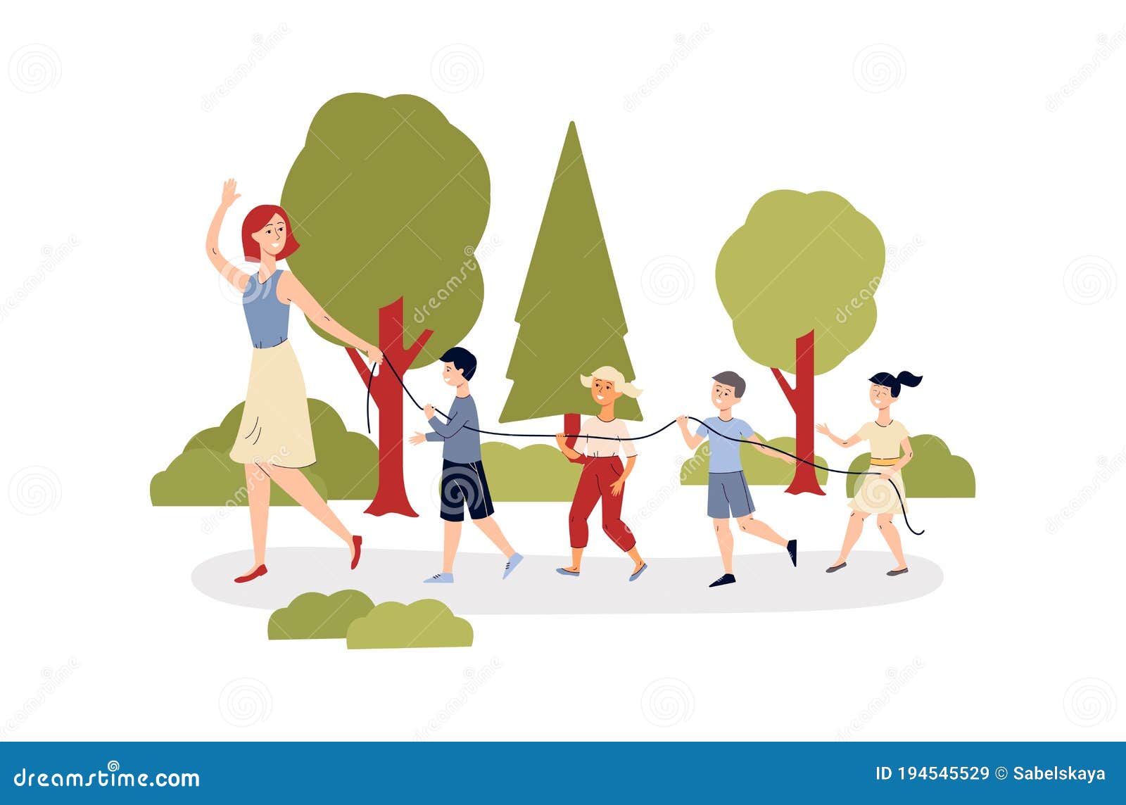 KIndergarten or Elementary School on Walk, Flat Vector Illustration ...