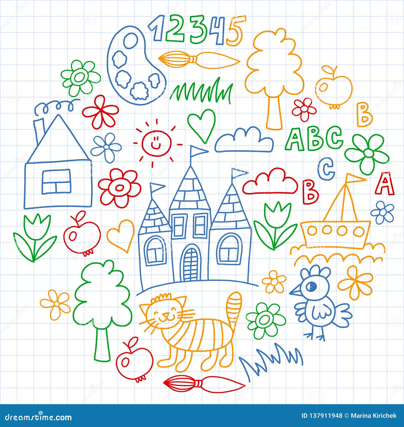 Kindergarten Pattern, Drawn Kids Garden Elements Pattern, Doodle ...