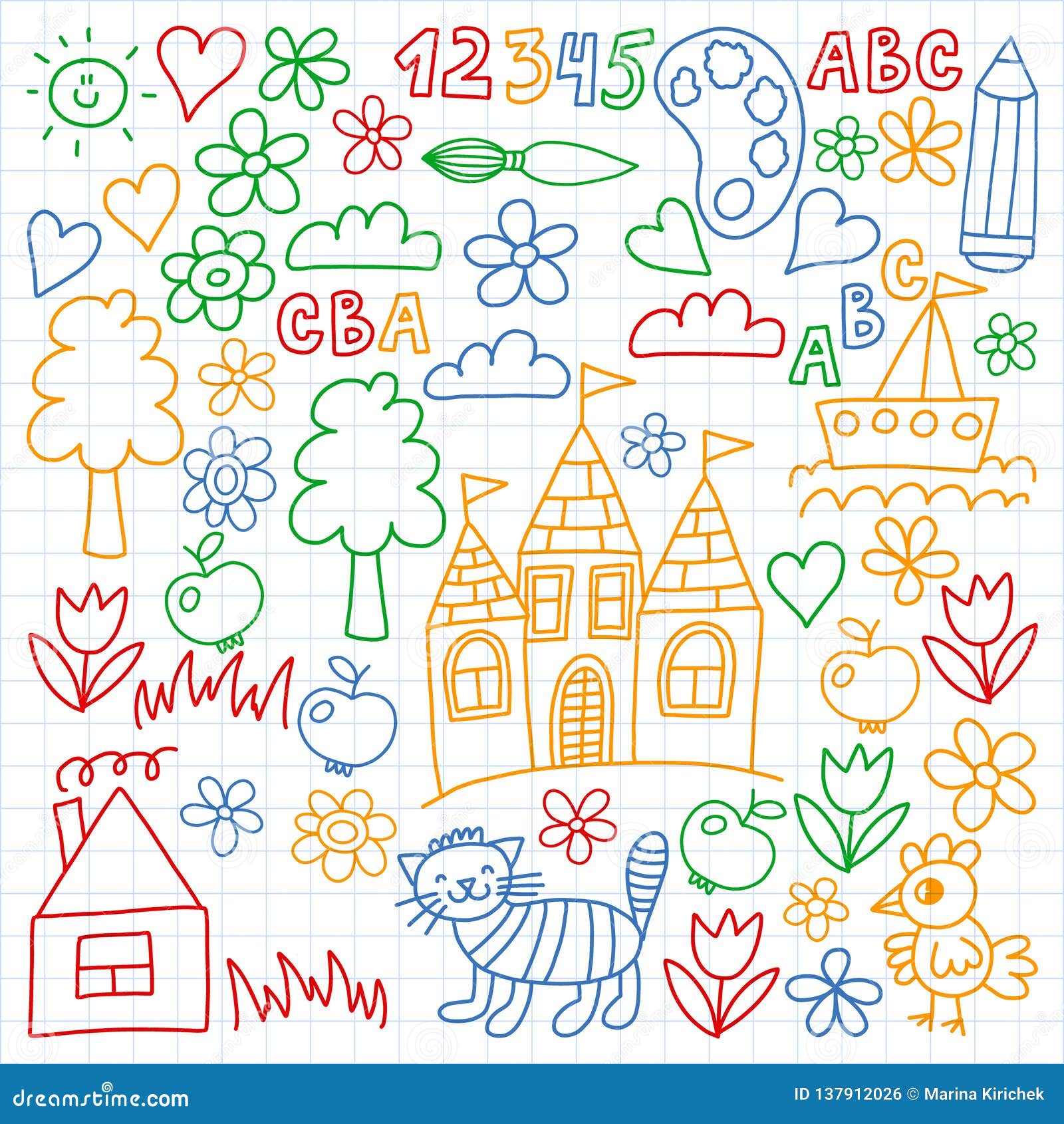 Kindergarten Pattern, Drawn Kids Garden Elements Pattern, Doodle ...