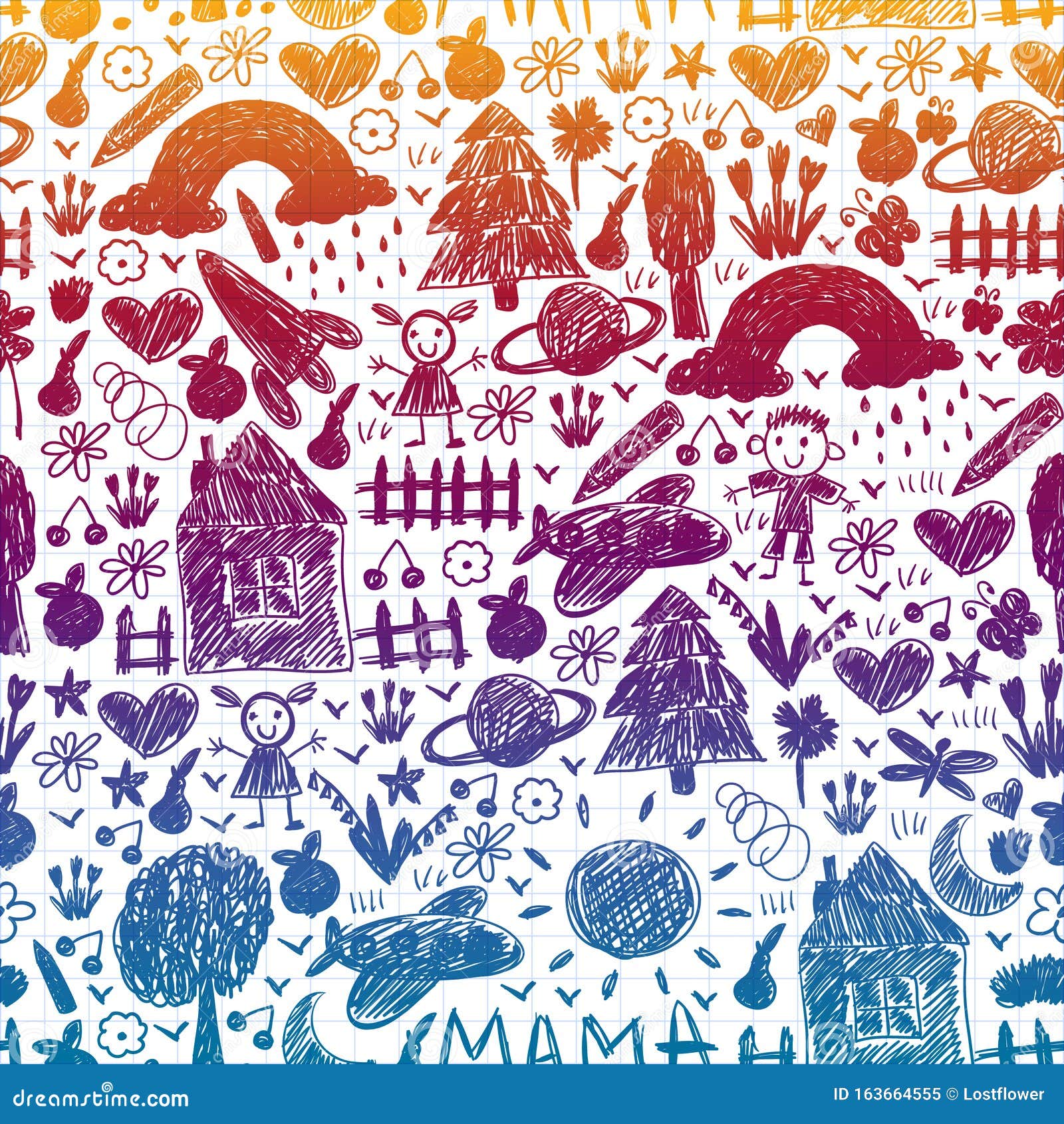 Kindergarten Pattern with Funny Kids Drawing. Vector Illustration ...