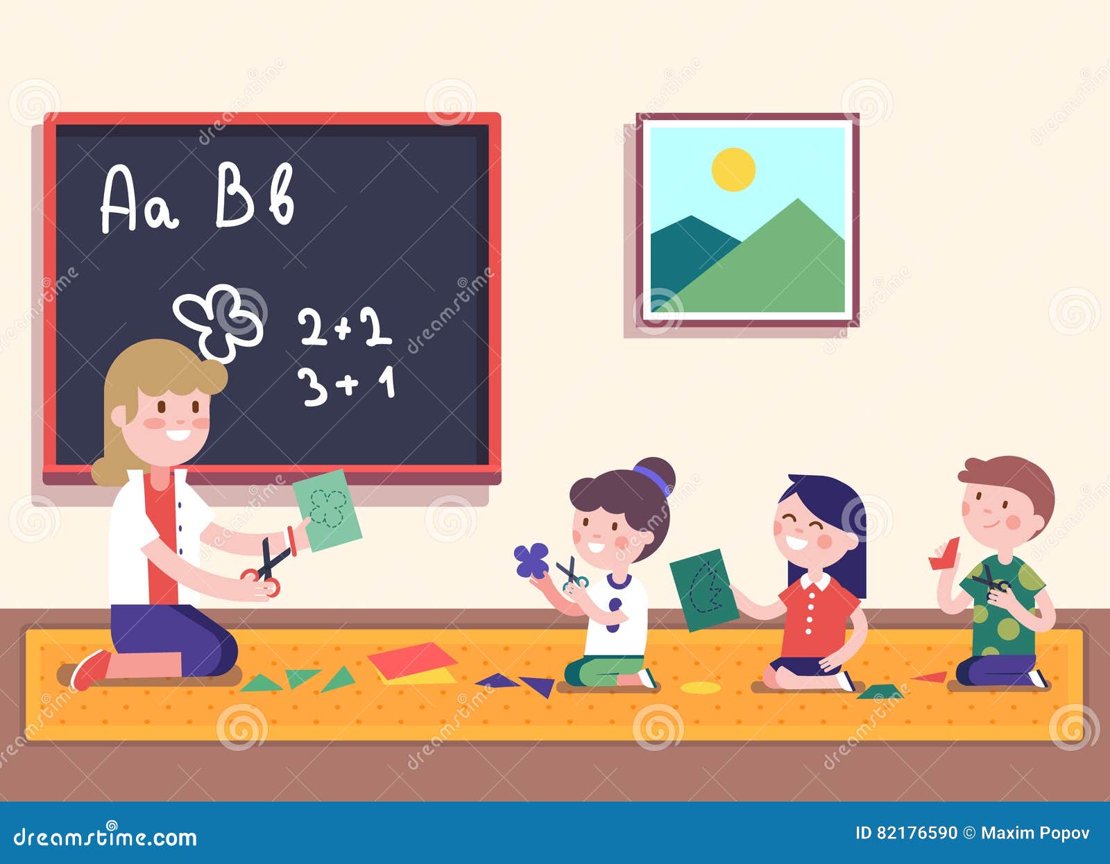 Kindergarten Teacher Reading A Book To Children Group In Classroom ...