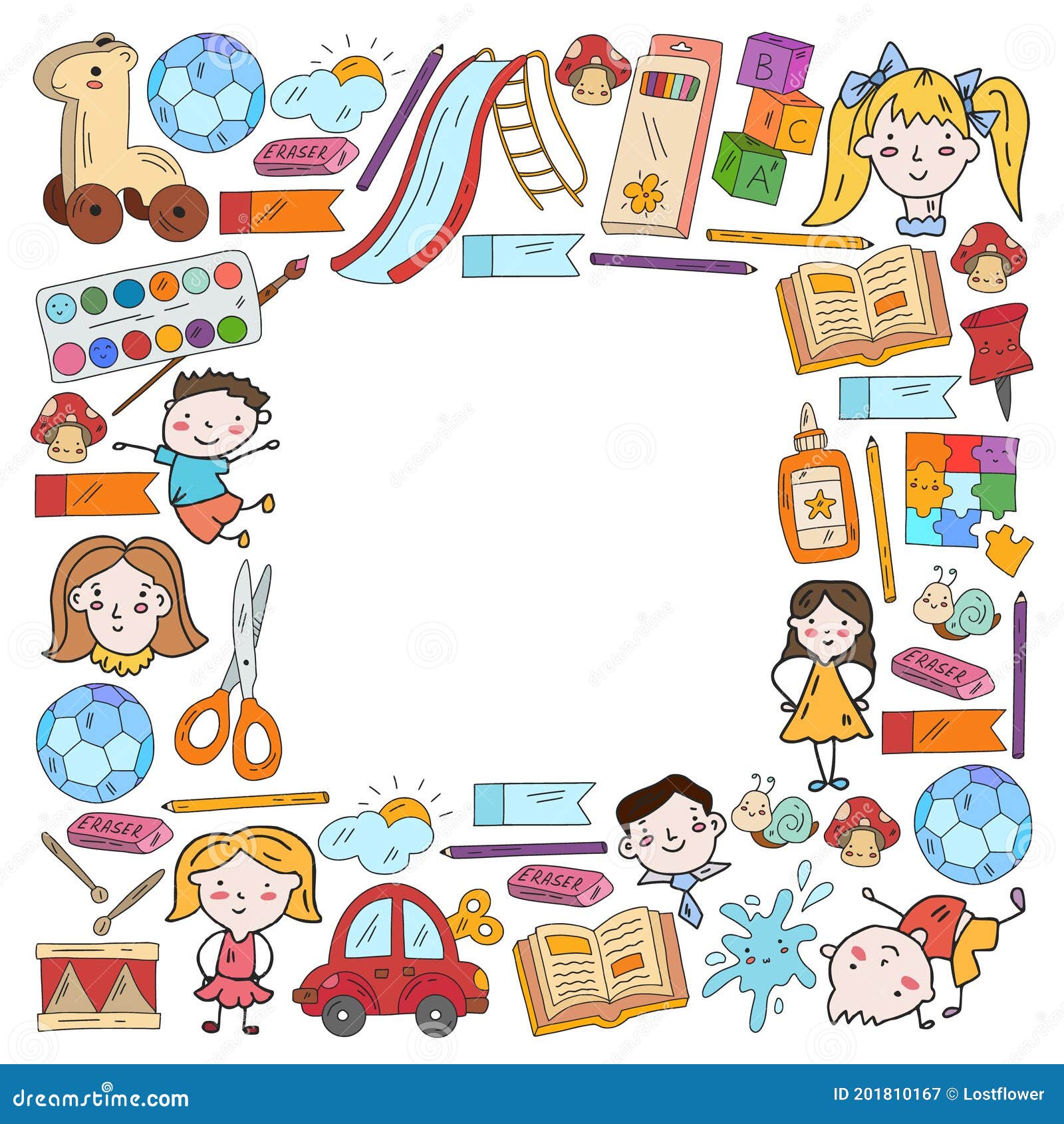 Kindergarten. Vector Frame and Pattern with Toys and Small Children ...