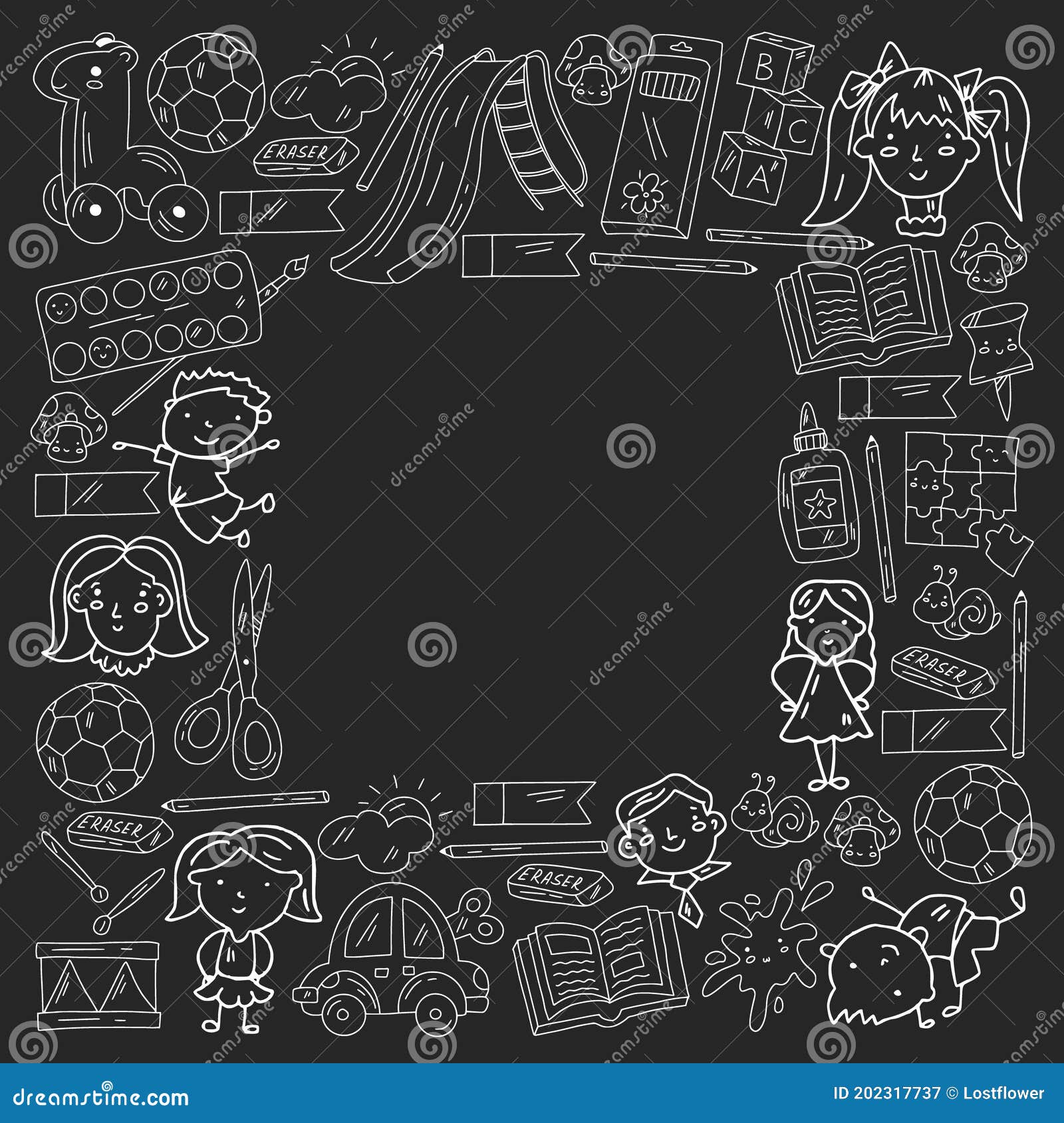 Kindergarten. Vector Frame with Toys and Small Children. Preschool ...