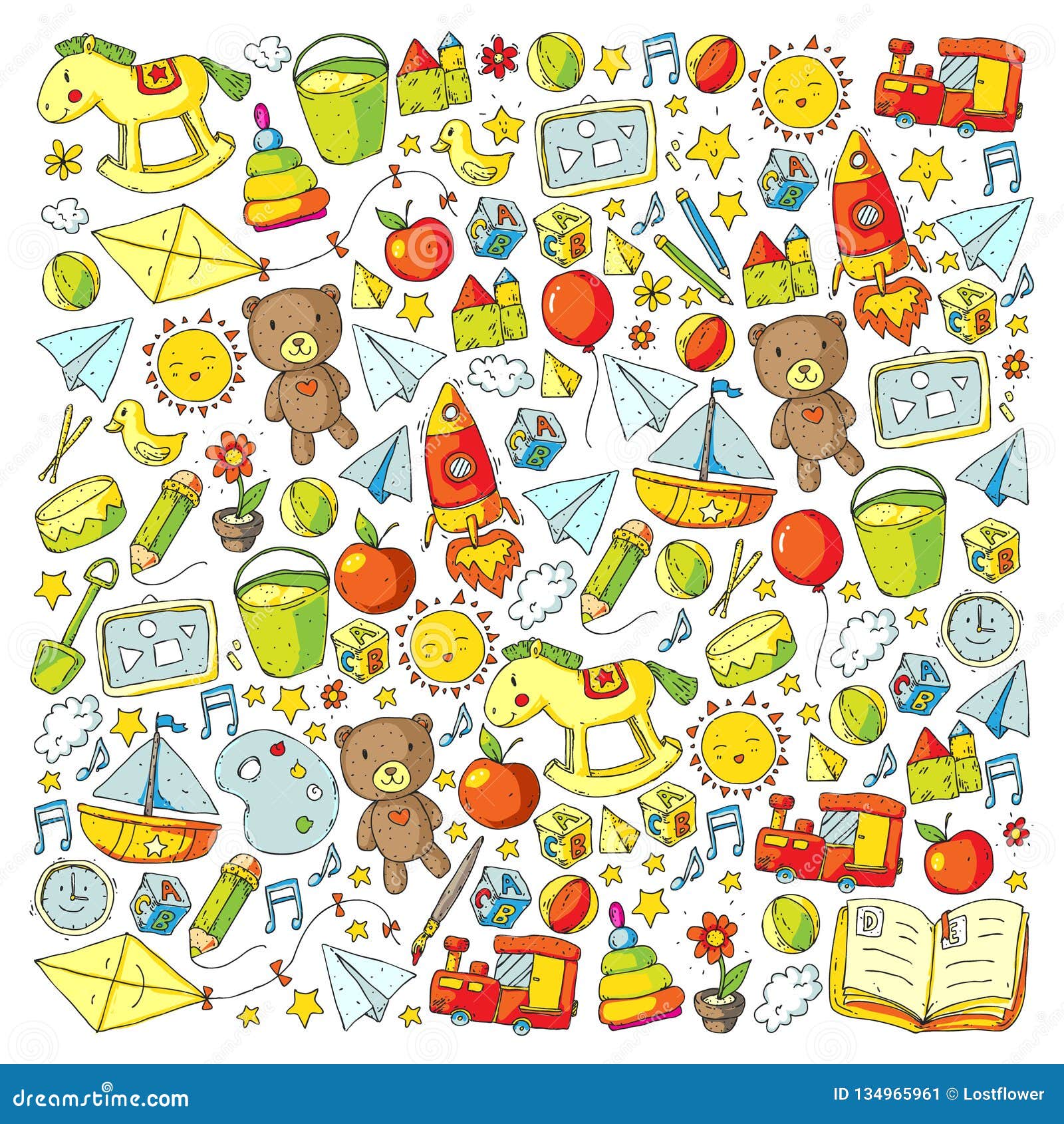 Kindergarten Vector Pattern with Toys and Items for Education. Stock ...