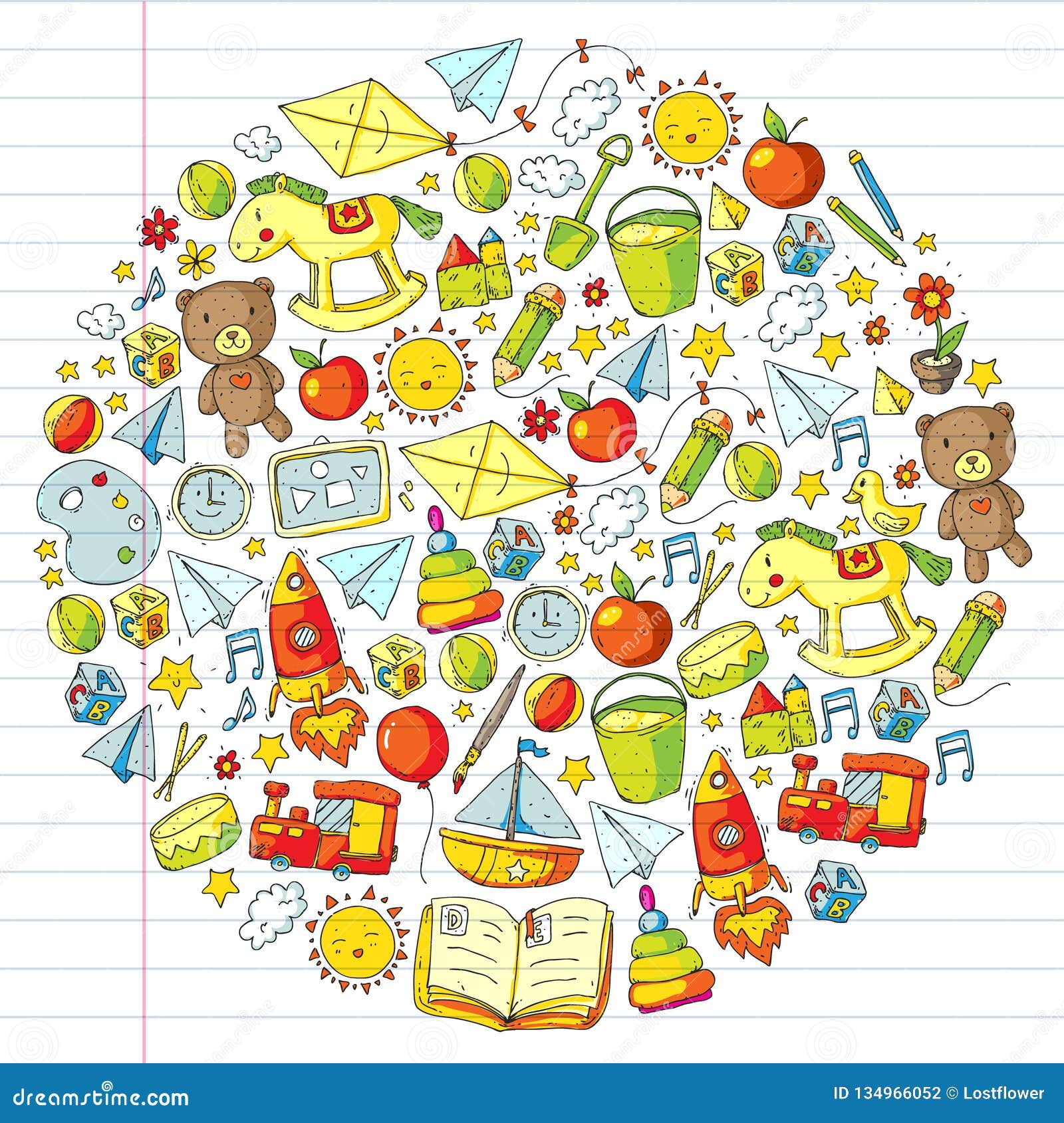 Kindergarten Vector Pattern with Toys and Items for Education. Stock ...