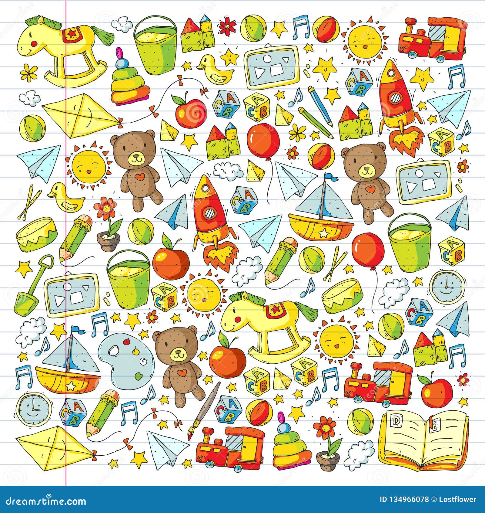 Kindergarten Vector Pattern with Toys and Items for Education. Stock ...