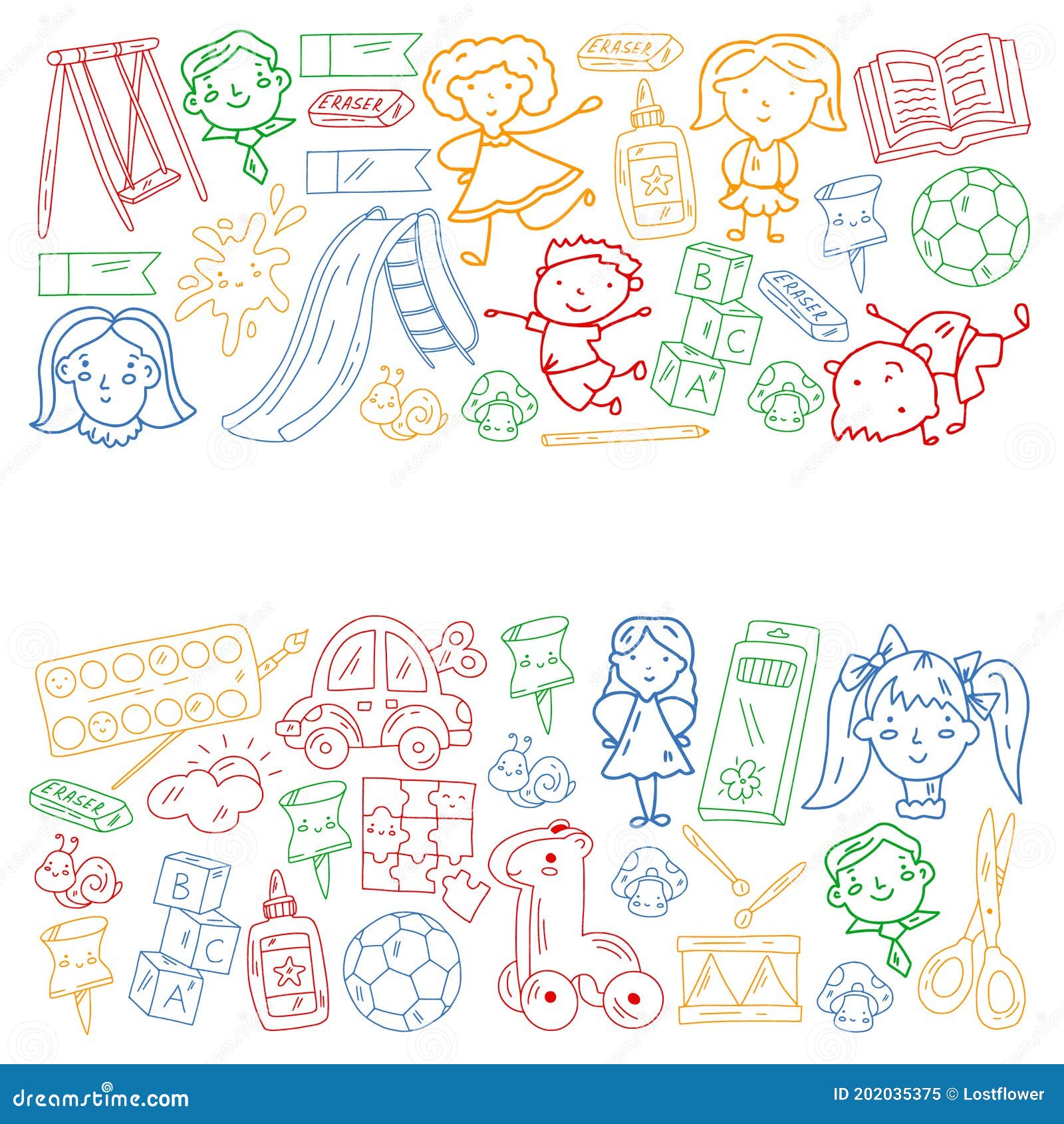 Kindergarten. Vector Pattern with Toys and Small Children. Preschool ...