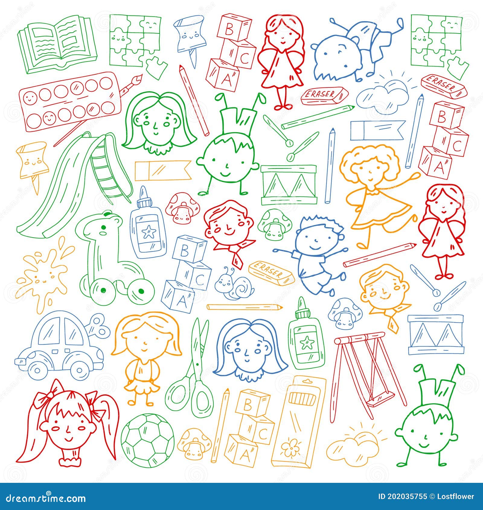 Kindergarten. Vector Pattern with Toys and Small Children. Preschool ...