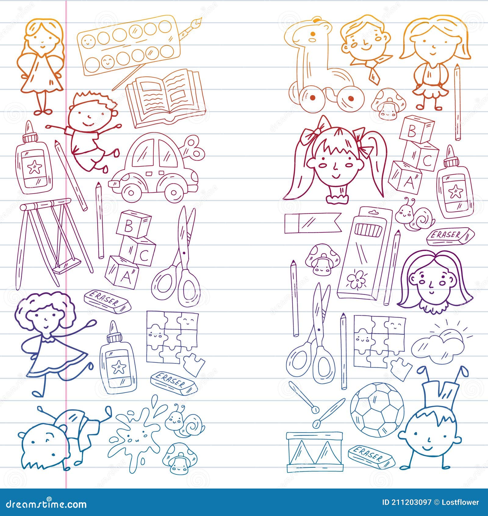 Kindergarten. Vector Pattern with Toys and Small Children. Preschool ...